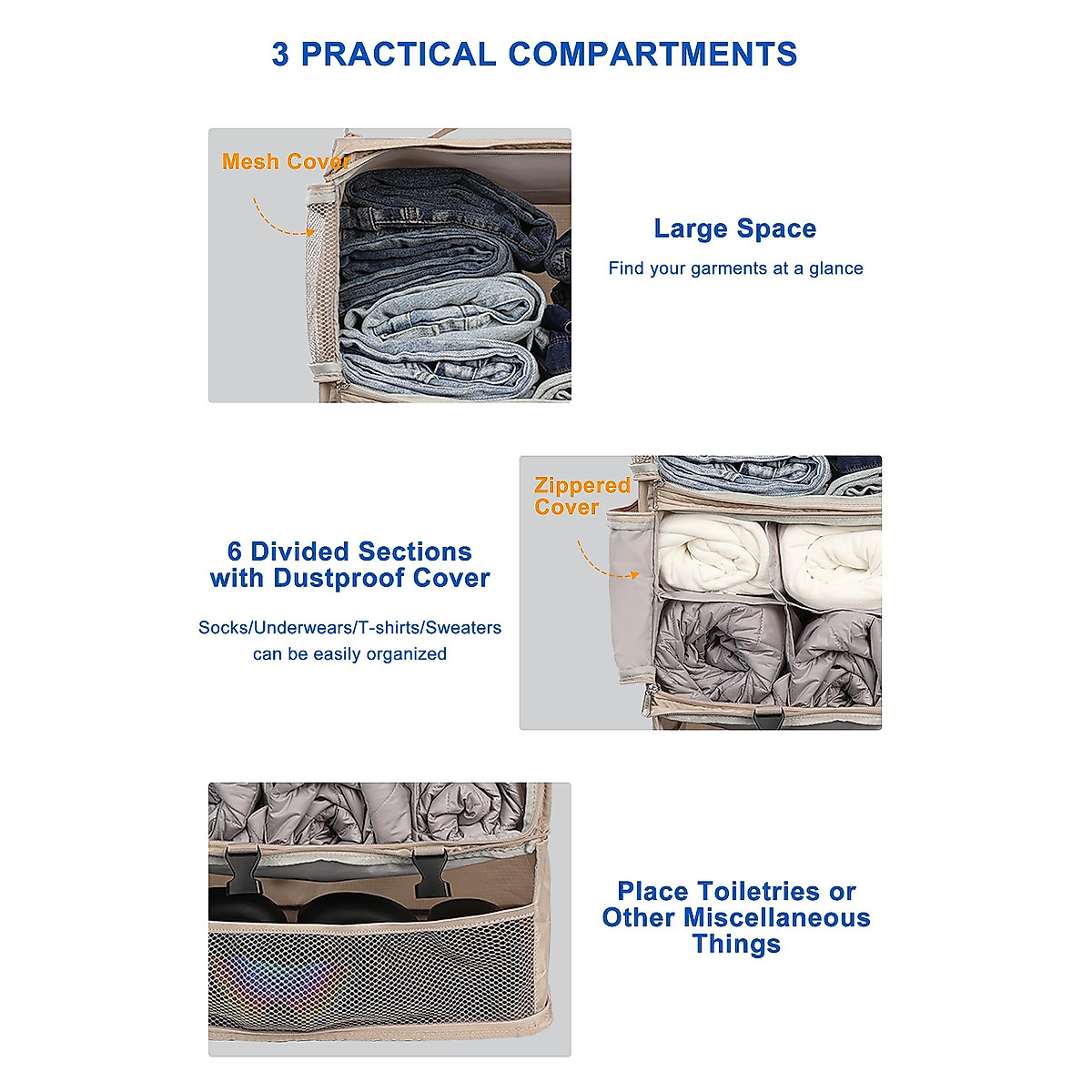 ELEZAY Hanging Packing Cubes Portable Closet 3-Shelf Travel Collapsible Compression Garment Organizer for Carry-on Luggage Suitcase Space Saver Bag XX-Large_No Side Pockets, Beige