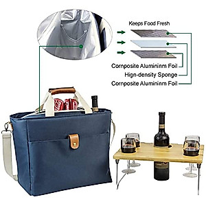 40L Cooler Bag, Large Insulated Tote Wine Carrier Bag for Picnic Lunch with Portable Bamboo Wine Snack Table - Best Gift for Father Mother Day