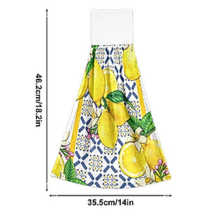 BOENLE Lemon Kitchen Hand Towels Set of 2 Yellow Mediterranean Tile Hanging Tea Towel Bathroom Soft Absorbent Coral Fleece Dish Wash Cloth Decorative