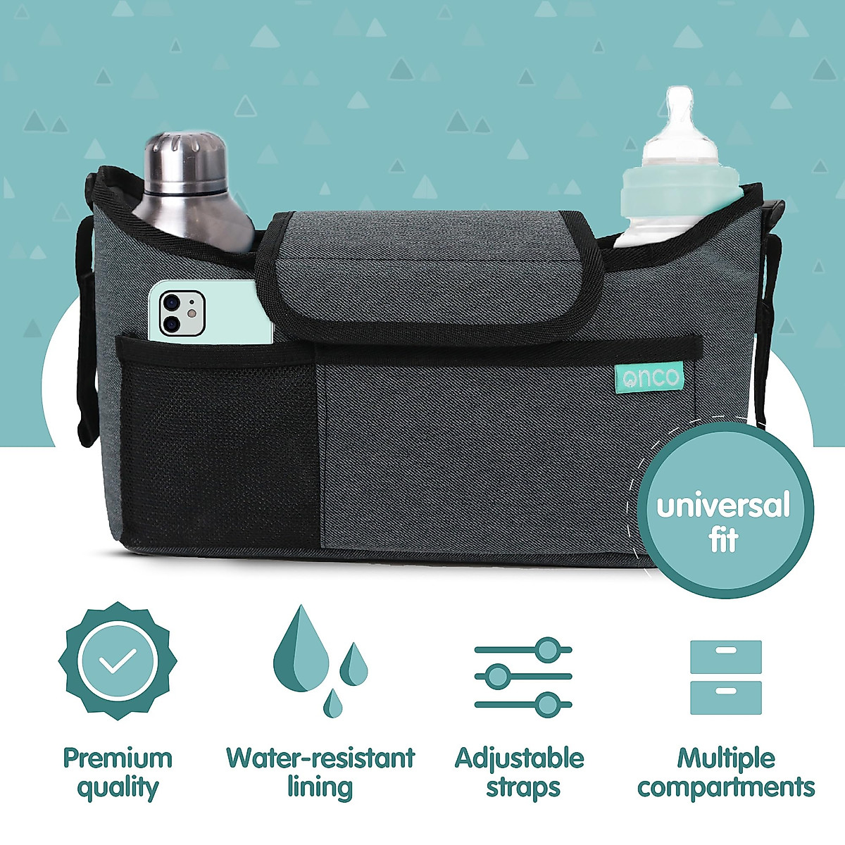 Onco Stroller Organizer with Stroller Cup Holder - Universal Stroller Caddy with Stroller Phone Holder, Stroller Caddy Organizer with Cup Holder, Stroller Accessories & Baby Essentials, Stroller Bag