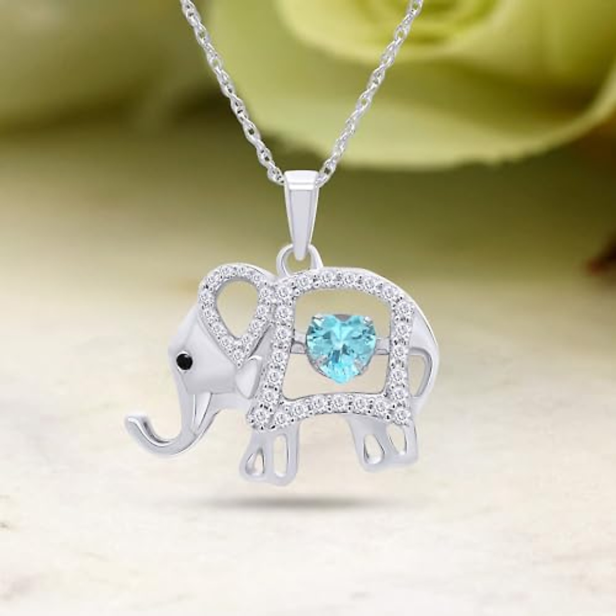 AFFY Simulated Aquamarine And White Cubic Zirconia Floater Elephant Pendant Necklace, 14K White Gold Over Sterling Silver, 5MM Heart Cut Center Aquamarine, 18'' Rope Chain