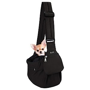 SlowTon Dog Carrier Sling - Hard Bottom Support Dog Carriers for Small Dogs with Adjustable Padded Shoudler Strap, Dog Purse for Puppy Cat Pet with Drawstring Opening Storage Zipper Pockets (Black)