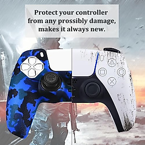 YoRHa Grip Texture Printing Silicone Cover Skin for PS5 Controller x 2(Camouflage Red+Blue) with Pro Thumb Grips x 8