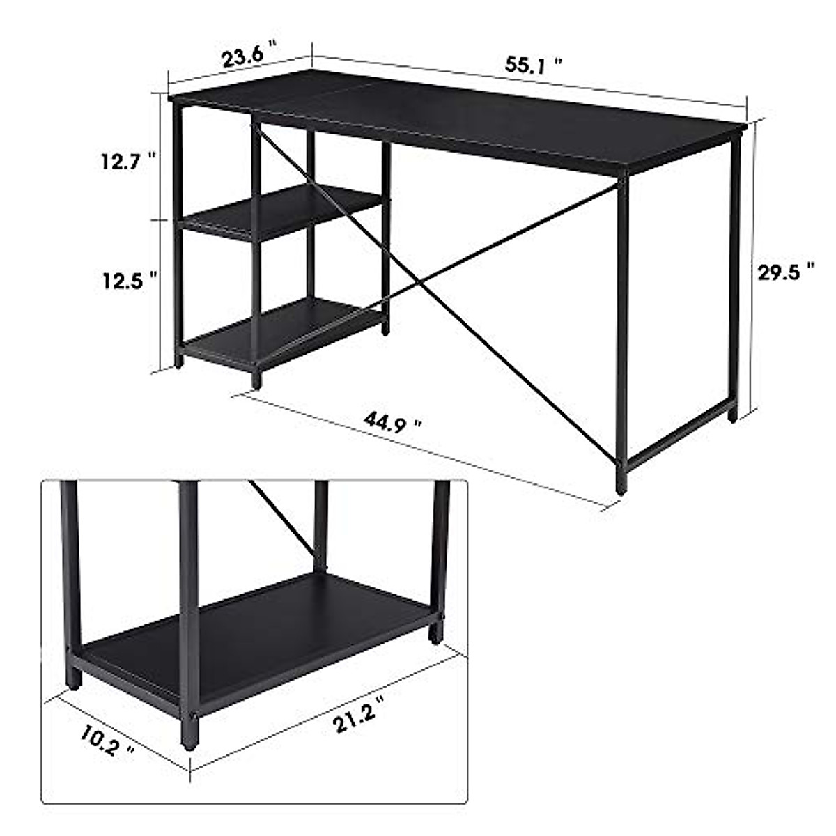 ivinta Computer Desk with Shelves, Office Desk for Living Room,Small Desk with Storage Space, Home Office Desks, Vanity Desk with Gold Legs PC Laptop Table (Black, 55")