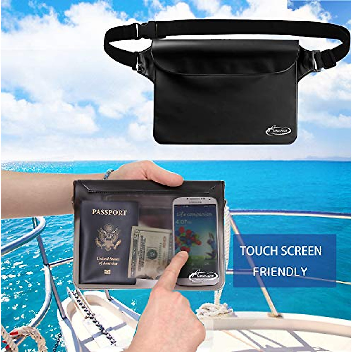 AiRunTech Waterproof Dry Bag and Waterproof Cell Phone Bag for Outdoor Water Sports, Boating, Hiking,Kayaking,Fishing (2 * Phone case(Clear) + 2 * Fanny Pack(Black+Gray))