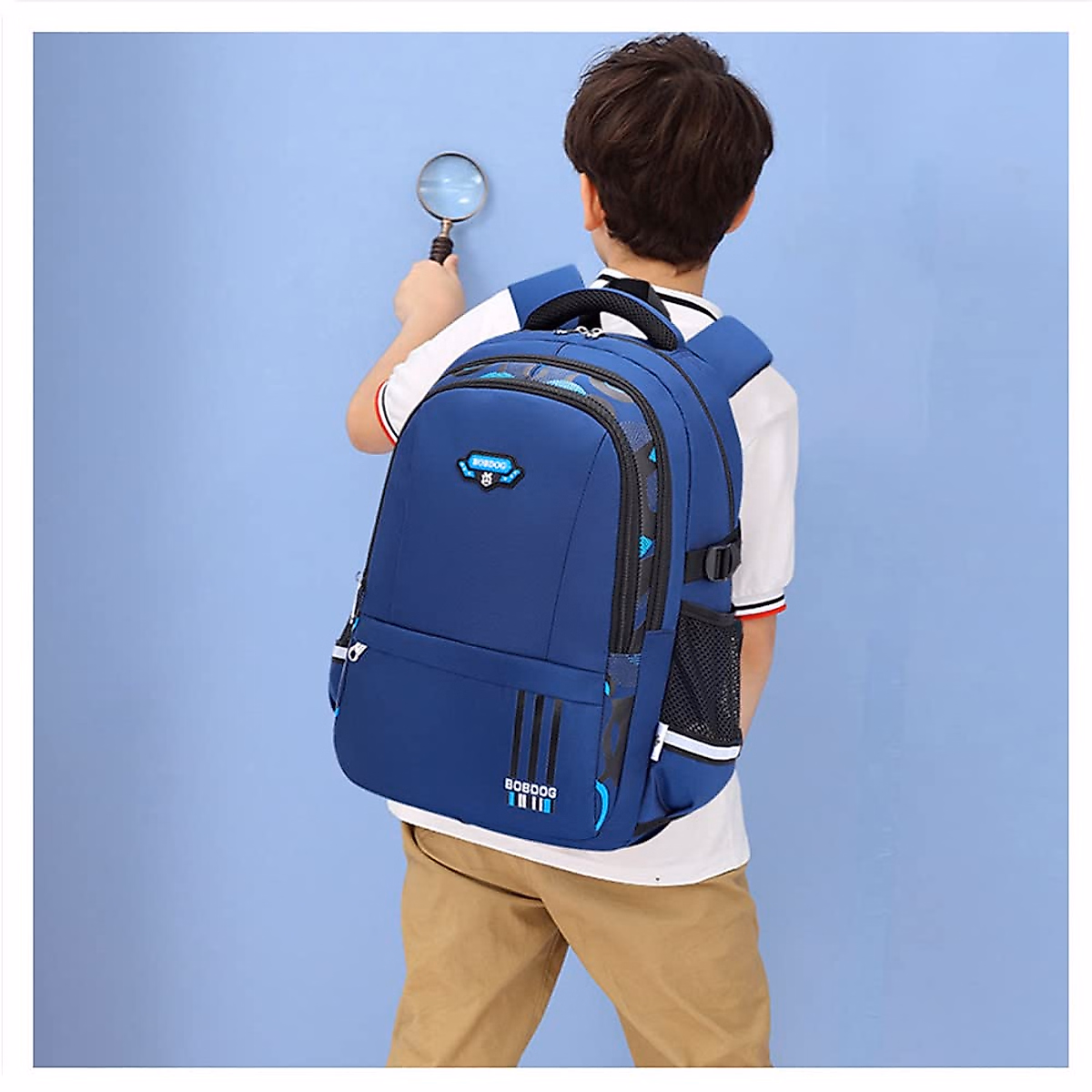LANSHIYA 3 Pcs Kids Rolling Backpack Blue Geometric with Wheels Trolley School Bag Set for Boys