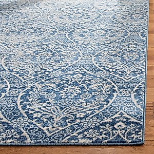 SAFAVIEH Brentwood Collection 2' x 12' Navy / Light Grey BNT860M Floral Damask Ogee Trellis Non-Shedding Living Room Bedroom Runner Rug
