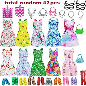 BJDBUS 42 pcs Doll Clothes and Accessories Including 10 pcs Fashion Mini Dresses 32 pcs Shoes, Glasses, Necklaces, Handbag, Hangers Accessories for 11.5 Inch Girl Doll
