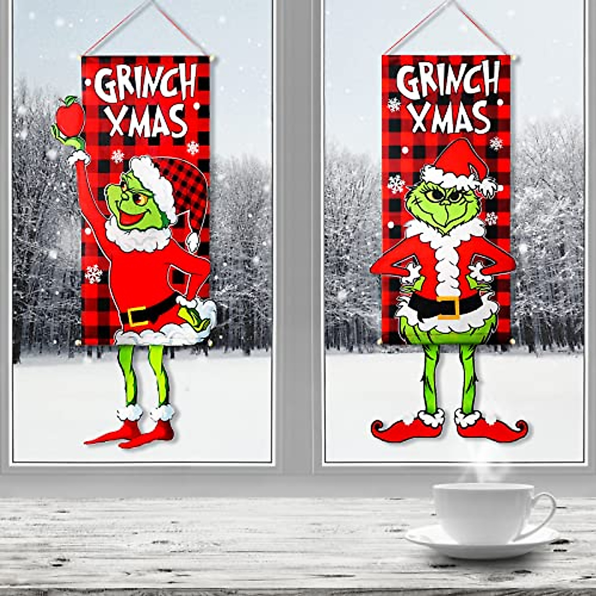 Christmas Decorations-Hanging Xmas Ornaments,Buffalo Plaid Christmas Door Decorations 4PCS,Xmas Banner Flag Sign for Porch Window Wall Mantle Party Yard,45x18IN