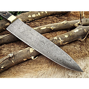 Damascus Steel Kitchen Knife, 14 Inches Long with 9" Long Hand Forged Blade, 2 Tone Dollar Wood Scale with Brass Bolster