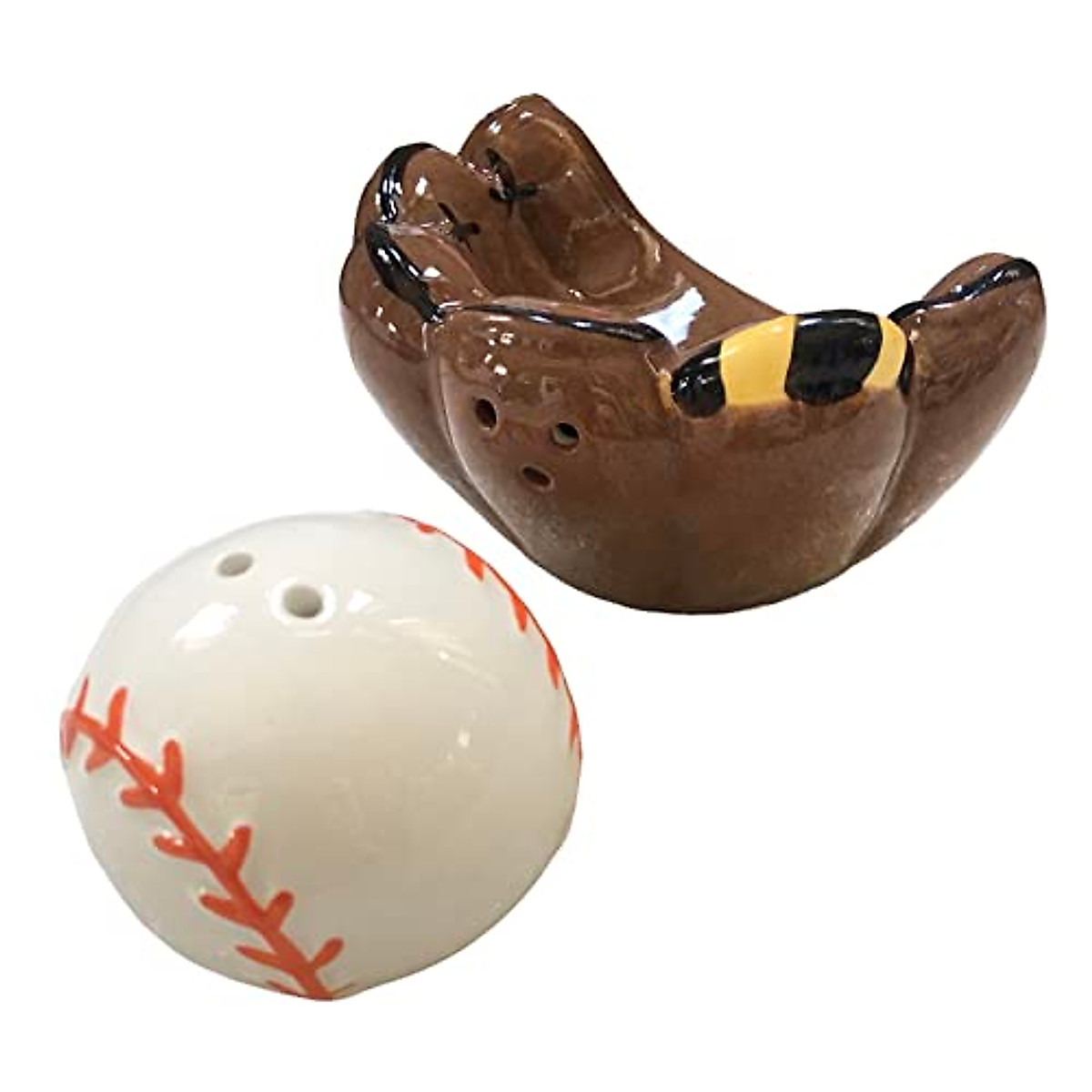 Baseball Glove & Base Ball with Stitching {Real Look} Salt and Pepper Shakers, Catchers Mit 3-1/4" Premium Quality Glazed Ceramic