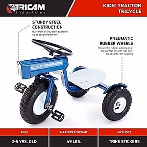 Tricam Ol' Blue Tractor Tricycle, 22 Inch Steel Toddler Bike Kids Ride On Toy with Pedals, 3 Position Adjustable Seat, & Pneumatic Rubber Wheels, Blue