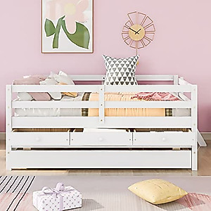 ODC Low Loft Bed with Trundle Bed and 3 Storage Drawers, Multifunctional Full Size Loft Bed with Climbing Ladder, Solid Wood Bed Frame with Full Safety Fence for Kids Boys Girls