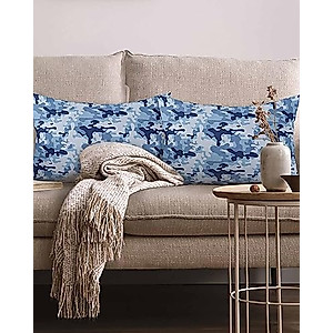 Throw Pillow Covers Set of 2, Lumbar Pillow Case Blue Camouflage Cotton Linen Rectangular Cushion Case Pillowcase for Couch Sofa Living Room Bedroom Decorative, 12 x 20 Inches