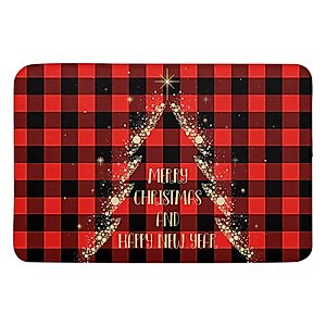 Christmas Tree Red Black Plaid Bath Rugs Sponge Doormat Non Slip Backing Durable Soft Flannel Mat Memory Foam Mats Carpet for Bathroom Kitchen 32x20In