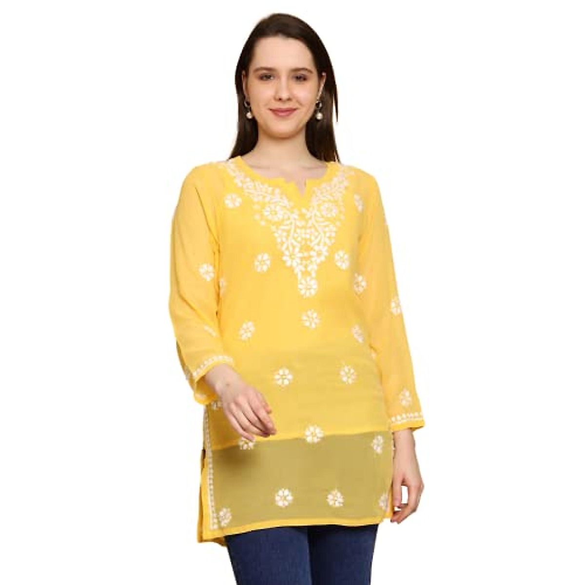 Ada Indian Handcrafted Chikankari Yellow Georgette Kurti Top Tunic with inner for Women A911304 (L)