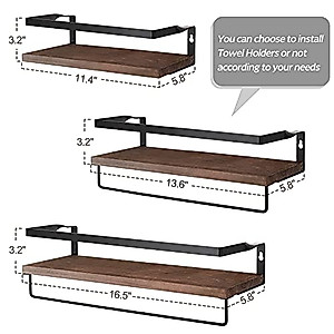 AOZITA 3 Set PRE-Assembled Floating Bathroom Shelves with 2 Towel Bars, Wall Mounted Storage Wood Shelf, Rustic Decor Accessories for Bathroom, Kitchen, Bedroom, Office, Over Toilet - Brown