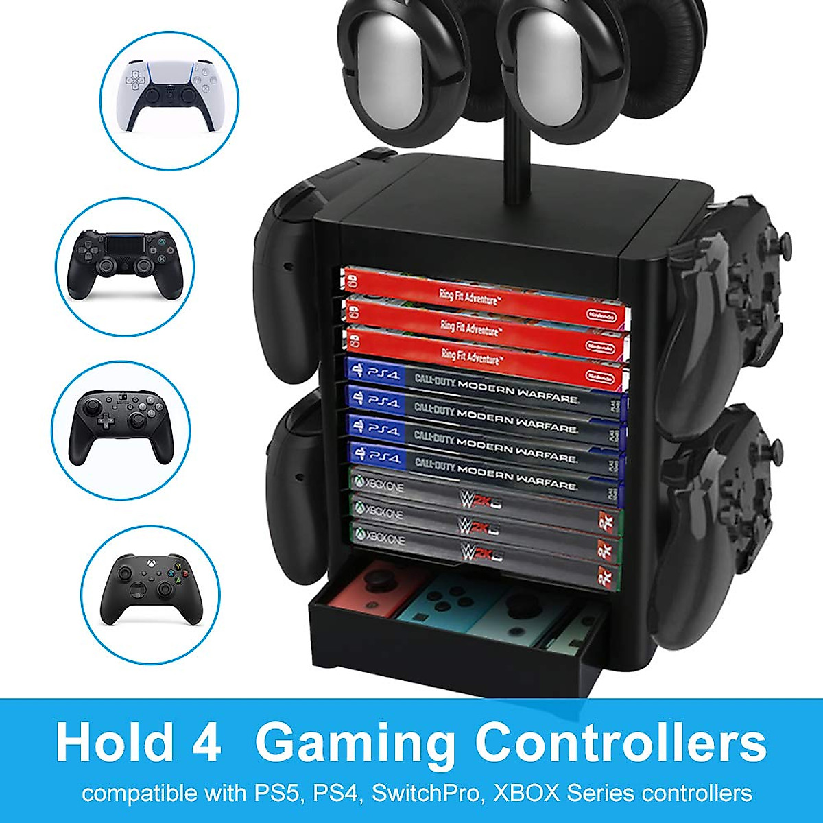 Number-one Game Storage Tower Bracket, Multifunction Gaming Disks Organizer Rack, Most Storage 10 Disk, 2 Headsets Stand 4 Controllers Holder Compatible with PS5/PS4/SwitchPro/XBOX Series Accessories