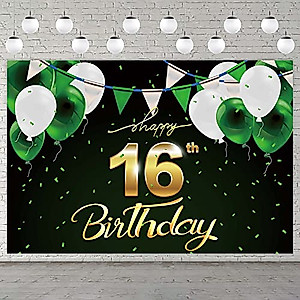 Happy 16th Birthday Black Banner Backdrop Background Photo Booth Props Green White Balloons Theme Decor for Sixteenth Year Anniversary 16 years Old Birthday Party Favors Supplies Decorations