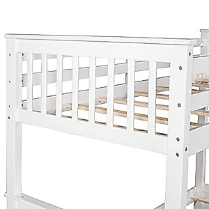 JJRY Twin-Over-Full Bunk Bed can be Divided into Two Individual beds, Wood Bed Frame with Inclined Ladder and Two Storage Drawers (White)