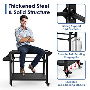 Xilingol Outdoor Grill Cart Pizza Oven Stand, BBQ Prep Table with Wheels & Seasoning Tray, Black Kitchen Tabletop Griddle Cooking Island & Station for Bar, Patio, Camping, Outside, Home