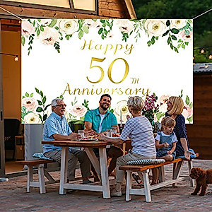 Vlipoeasn Elegant White 50th Wedding Anniversary Decorations Rose Gold Flower Peony 50th Anniversary Photography Backdrop for Couple Surprise for Parents Cheers to 50 Years Wedding Supplies