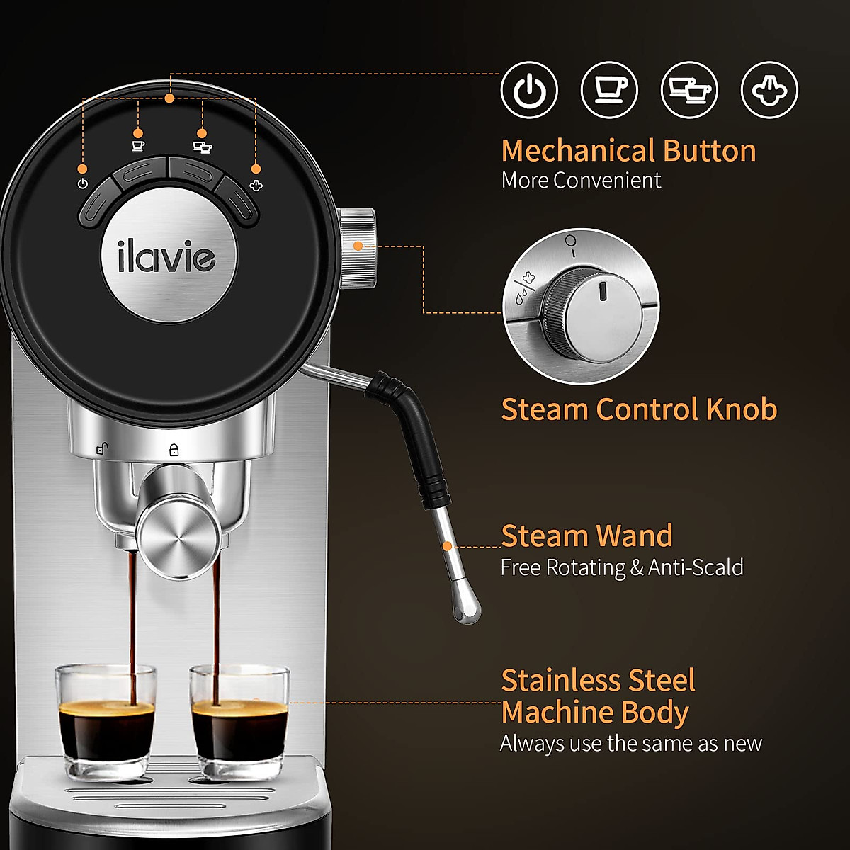 ILAVIE Espresso Machine with Steamer, 20Bar Espresso Coffee Machine with 30 oz Removable Tank for Cappuccino, latte, Compact Espresso Maker for Home Office, 1250W