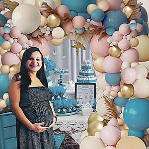 Gender Reveal Balloon Arch Kit, Dusty Blue Pink Nude Sand White Metallic Gold Balloons for Boy Baby Shower Bridal Shower Father's Day Graduation Wedding Birthday Party Decorations