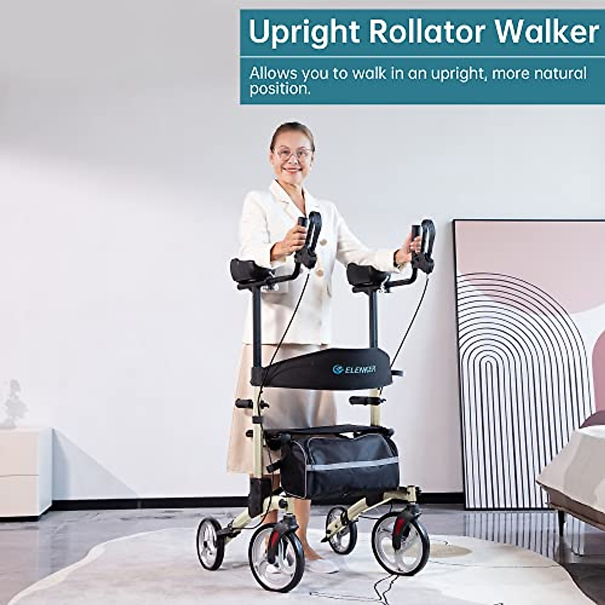 ELENKER Upright Walker, Stand Up Folding Rollator Walker with 10” Front Wheels Backrest Seat and Padded Armrests(Champagne)