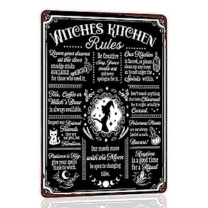 Witches Kitchen Rules Retro Metal Tin Sign, Witch's Brew Is Always Available, Funny Halloween Sign Kitchen Party Decoration Wall Art Rustic Farmhouse Decor 12x8 Inches