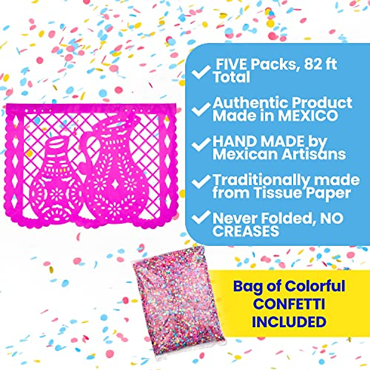 FIVE packs, 82 ft Mexican Party Banners PLUS 250 gr of Multicolor Confetti - Authentic Papel Picado - Handcrafted by Mexican Artisans - Cinco de Mayo decorations