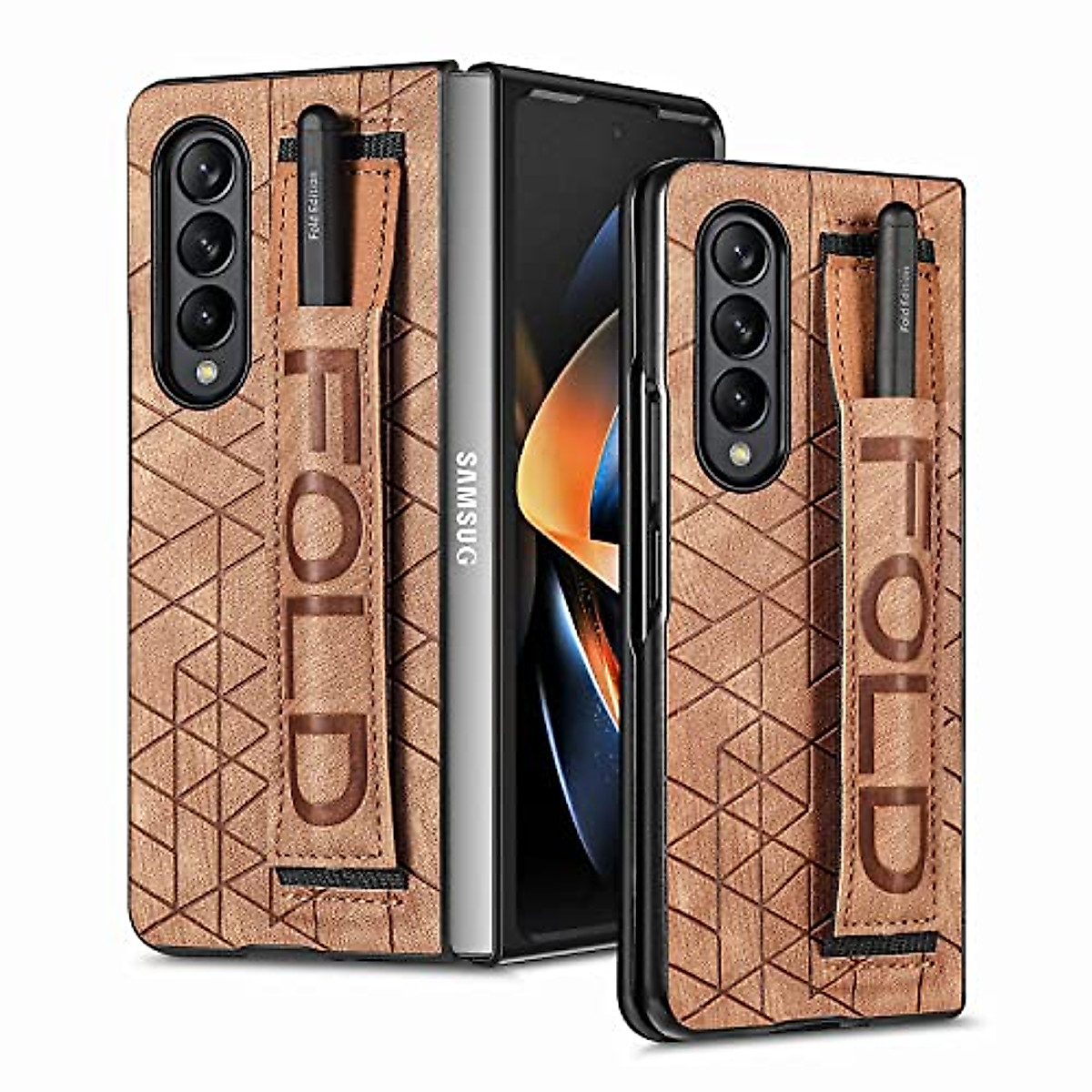EAXER for Samsung Galaxy Z Fold 3 5G Case, Luxury Fashion Leather Case Cover with Wristband Strap & S Pen Holder Folding PU Leather Phone Case (Brown)