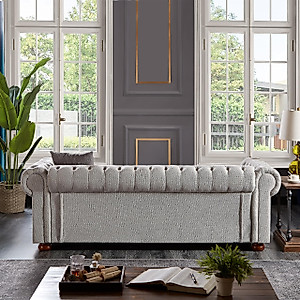 Chesterfield 3 Seater Button Tufted Sofa, Linen Fabric Upholstered Couch with Nailhead Arms Removable Cushions Rubber Wood Legs for Living Room Office Bedroom