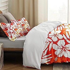 Duvet Cover Full Size, Red Hibiscus Hawaiian Flower Bedding Set with Zipper Closure for Kids and Adults, Surf Floral Tropical Comforter Cover with 2 Pillow Shams for Bedroom Bed Decor