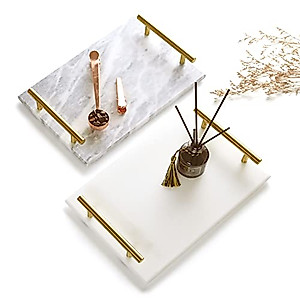 Moreast Genuine Marble Tray Bathroom Tray with Golden Handle, Natural Stone Decorative Tray with Metal Handle for Bathroom Kitchen Vanity Dresser Nightstand Desk, 11.8" x 7.9" White