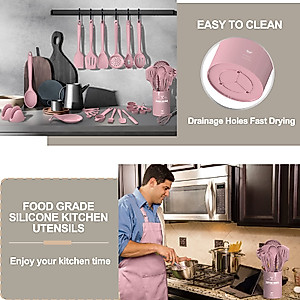 Silicone Cooking Kitchen Utensil Set, AIKKIL 43 Pcs Pink Cooking Utensils Set, Turner, Tongs, Spoon, Spatula, Kitchen Gadgets Tools Set For Nonstick Cookware, Heat Resistant (Dishwasher, BPA Free)