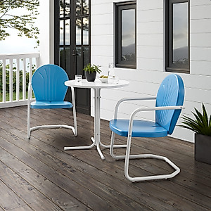 Crosley Furniture Griffith 3-Piece Outdoor Bistro Set, Retro Metal Patio Table and Chairs for Dining, Porch, Sky Blue Gloss and White Satin