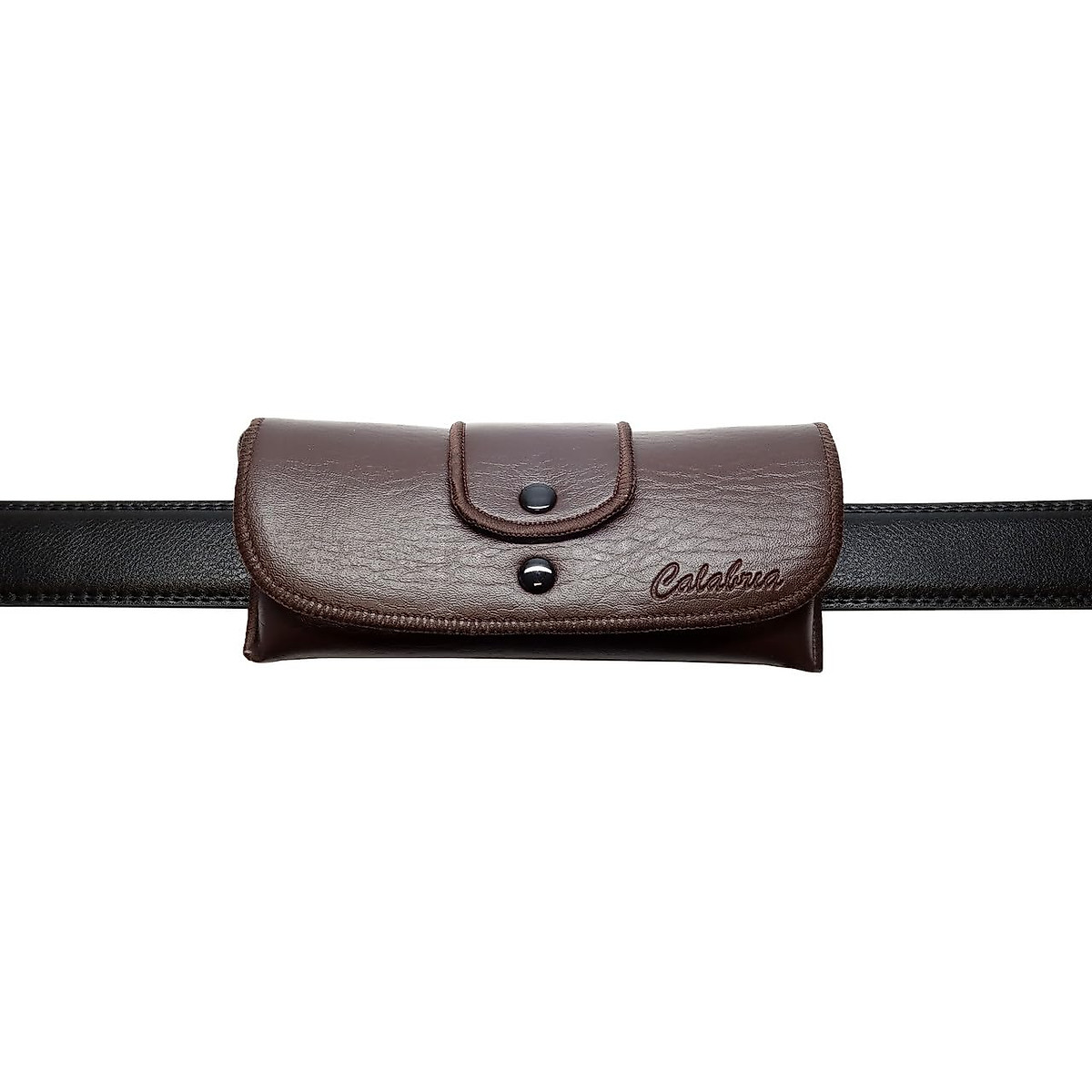 Calabria Double Snap Belt Loop Eyeglass Case Brown PU Leather Vintage Old School Eye Glasses Pouch Semi-Hard Sunglass Holder