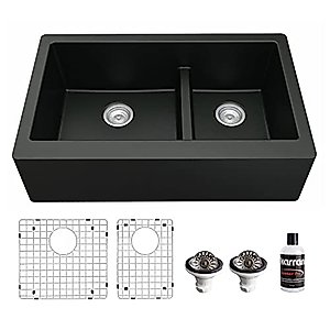 Karran QA-760 34" Undermount Large/Small Bowl Quartz Farmhouse Kitchen Sink Kit in Black