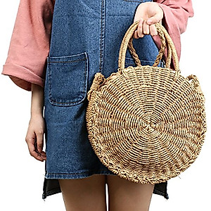 Handwoven Round Rattan Bag Shoulder Leather Straps Natural Chic Hand Round Straw Beach Bag (Coffee color)