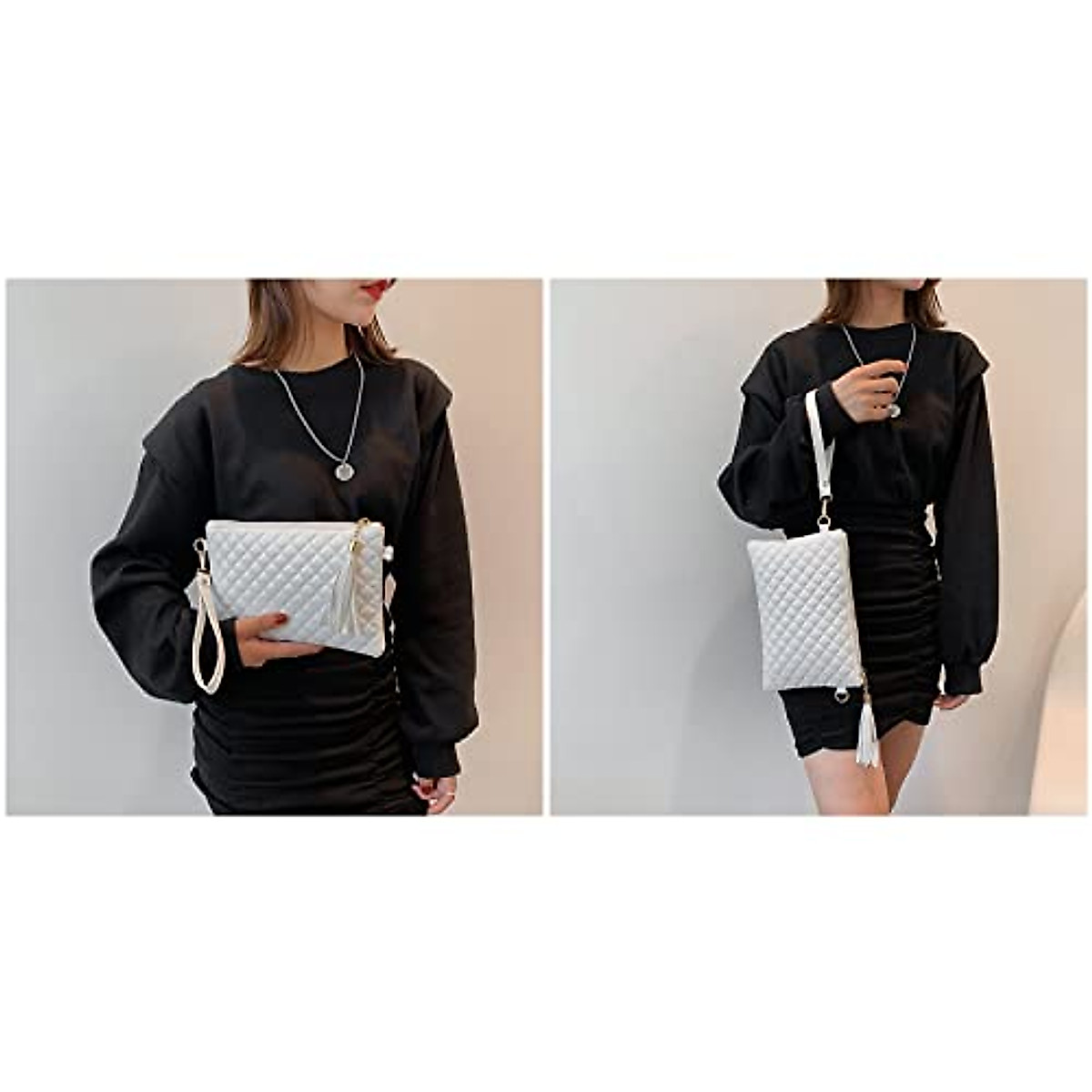 Amamcy Women Quilted Wristlet Clutch with Tassel Envelope Bag Lightweight Clutch Handbag Faux Leather Wallet for Ladies