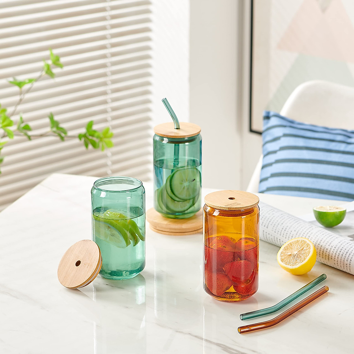 YOOLANSA [ 6 PCS Colored Drinking Glass with Bamboo Lid and Straw Set,16oz Can Glass with Lid and Straw, Soda Can Glass,Iced Coffee Glass,Milk Glass(3 Amber + 3 Green)