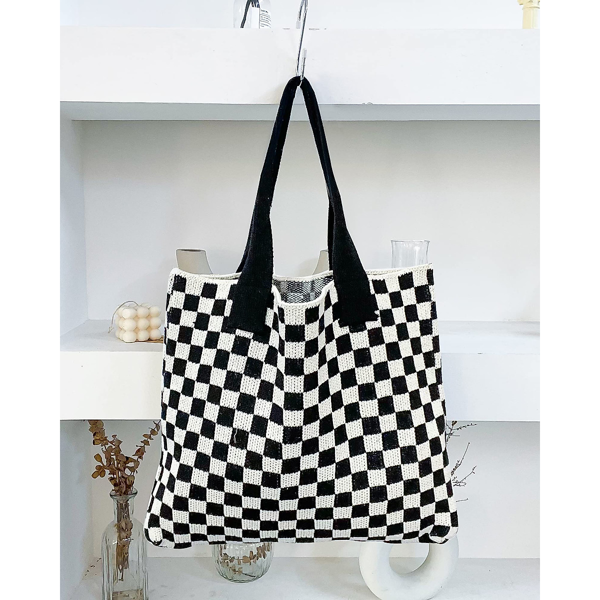 Stizimn Crochet Bags for Women Summer Beach Tote Bag Large Capacity Shoulder Bag Aesthetic Hobo Bag Knit Bag Hippie Bag (Black-C)