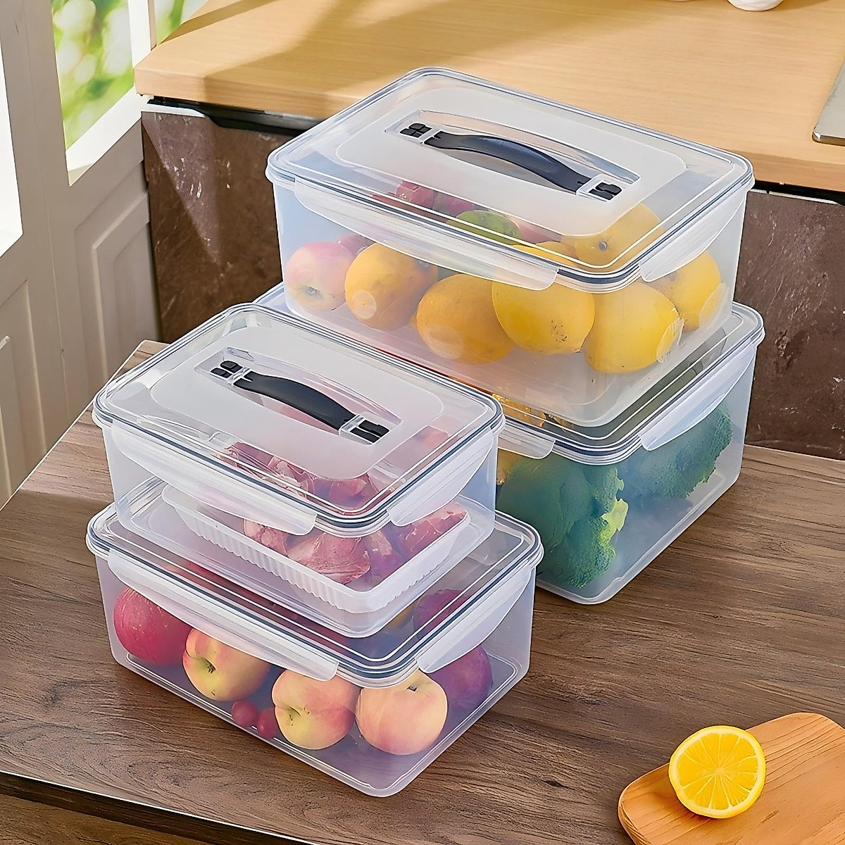 MueJah Food Containers Set with Lids, Buckle Sides & Handle, Refrigerable & Microwaveable, 9.9Ibs/15Ibs/23Ibs/32Ibs Capacity Airtight Organizers Storage Boxes