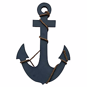 Benzara Nautical Distressed Hanging Wooden Anchor Art Decor with Rope, Blue