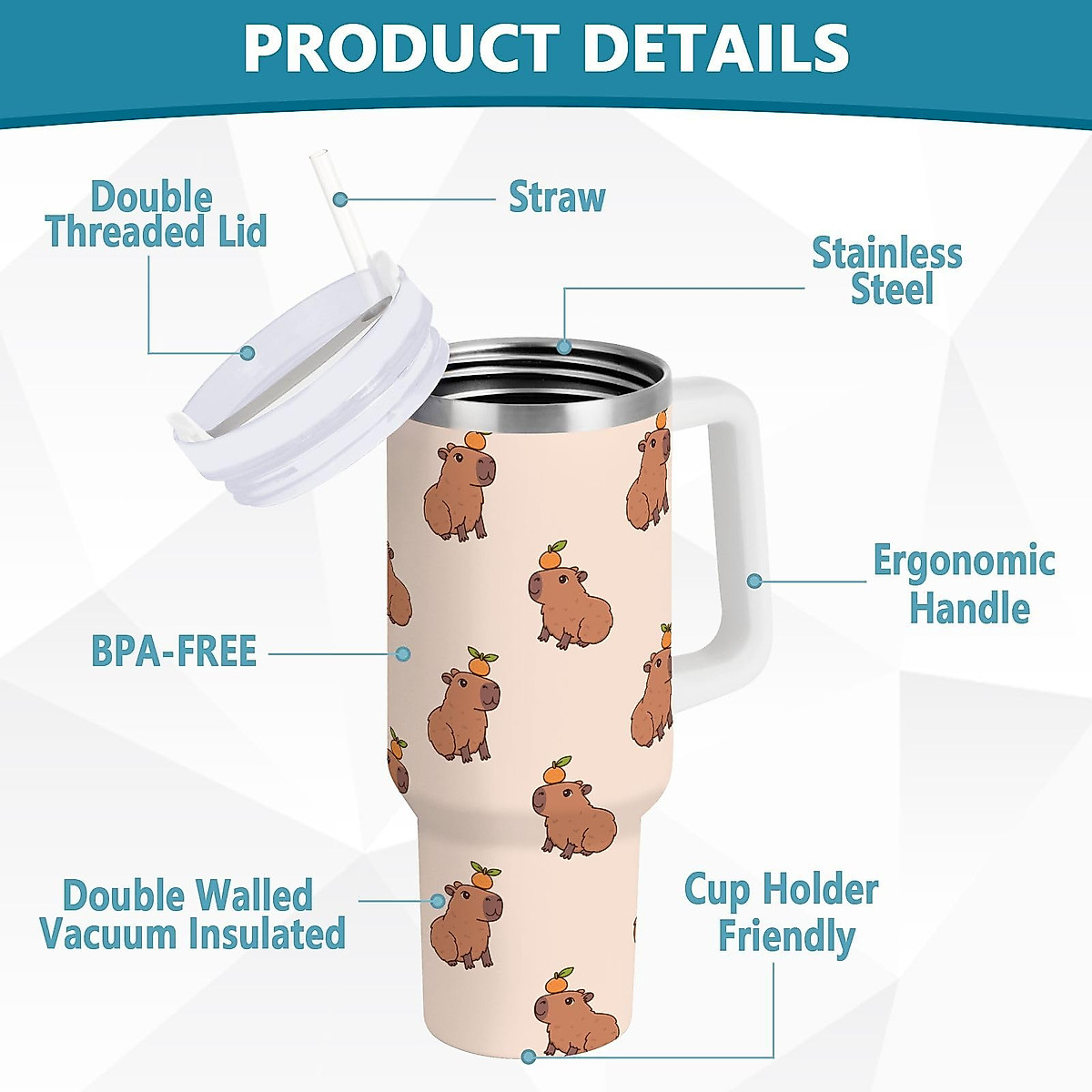 Bseiialft 40 oz Tumbler with Handle Cute Capybara Citrus Fruits Water Bottle with Lid and Straw Vacuum Insulated Cup Stainless Steel Travel Coffee Mug for Home Office Car
