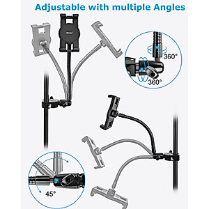 Gooseneck Tablet Mic Stand, woleyi Phone iPad Holder for Microphone Stand [Metal Arm Clamp] 360° Swivel Tablets Music Mount, Compatible with iPad Pro 12.9 Air Mini, iPhone, Galaxy Tabs, 4-13" Devices