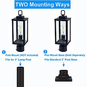 YaoKuem Outdoor Post Light, Pole Lantern, E26 Base 60W Max, Metal Housing Plus Glass, Wet Location Rated, Bulbs not Included, Matte Black, 1 Pack
