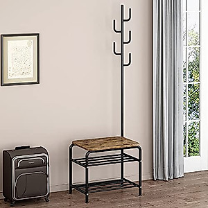 AKaSping Bamboo Shoe Rack Shoes Bench 3 in 1 Hall Multifunctional Shoes Bench with Coat Rack Seat Shoe Rack Organizer 2 Tiers Shoe Storage Shelf for Home Bedroom Hallway Entryway