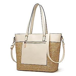LMKIDS Women's Soft Artificial Leather Straw Woven Handbag, Shoulder Bag, Large Capacity Tassel Handbag. (Beige)